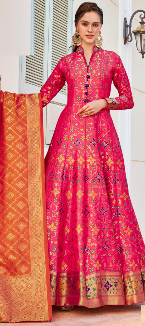 Festive, Party Wear Pink and Majenta color Jacquard fabric Gown : 1691510