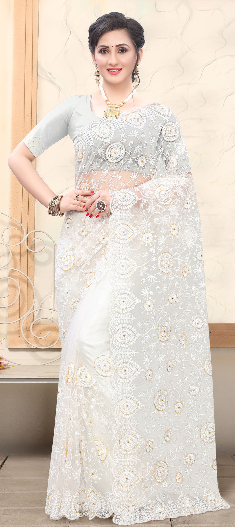 Festive, Reception White and Off White color Net fabric Saree : 1691789