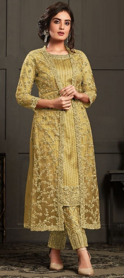 Party Wear Gold color Net fabric Salwar Kameez : 1695034