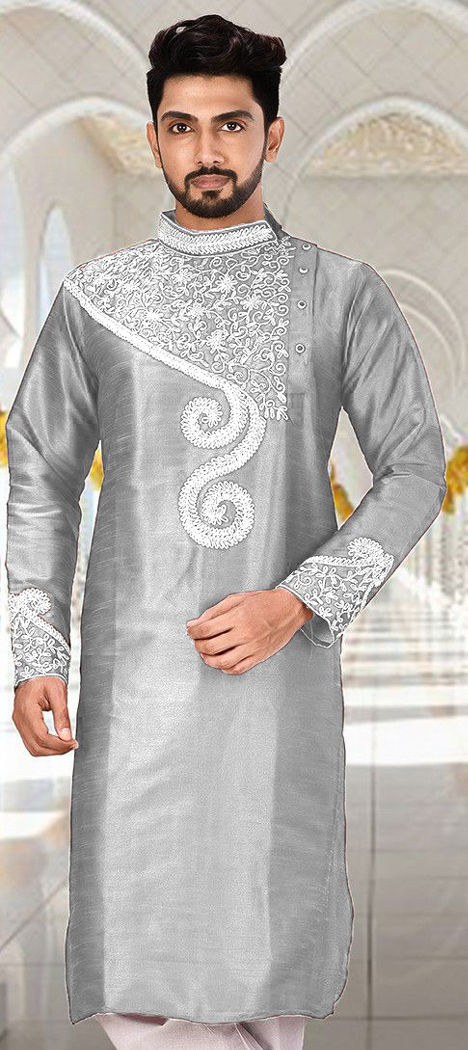 Black and Grey color Dupion Silk fabric Kurta : 1695375