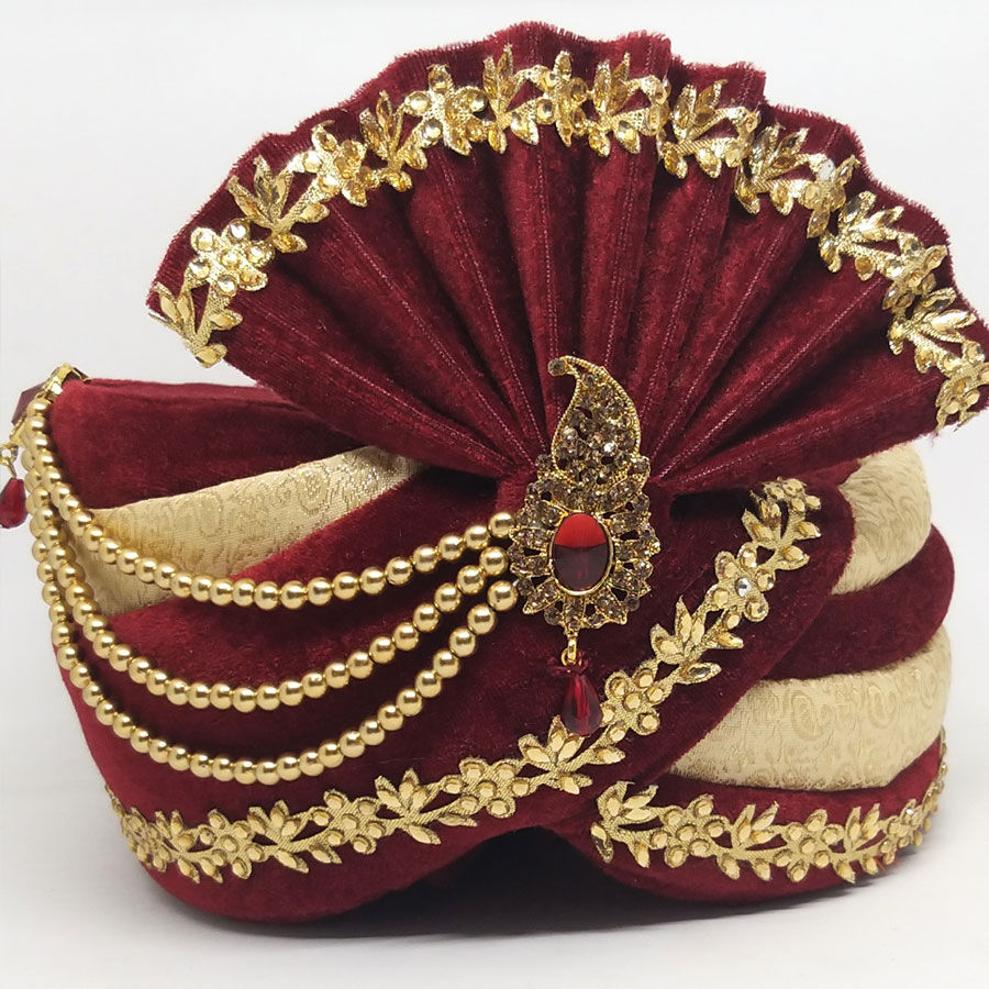 Red and Maroon color Jacquard, Velvet fabric Turban : 1695590