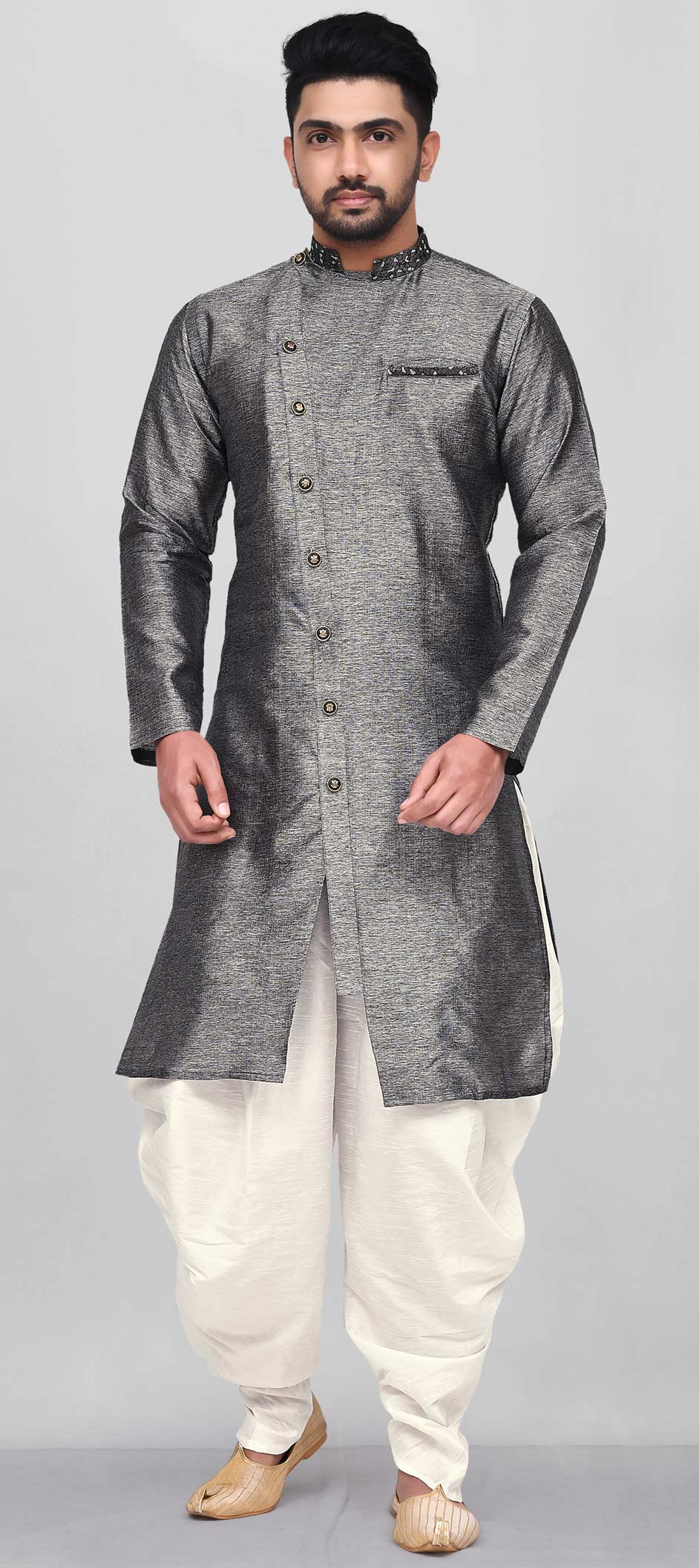 Black and Grey color Art Silk fabric Dhoti Kurta : 1697096