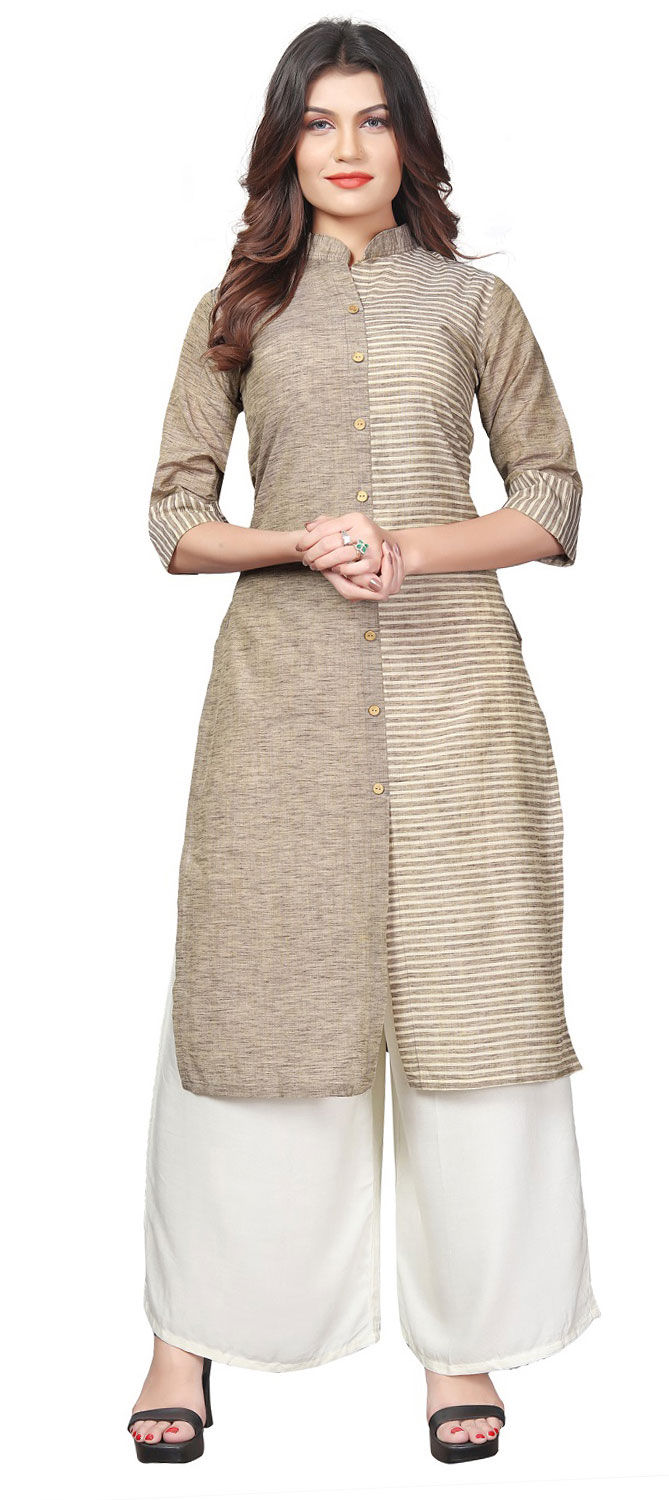 Casual Beige and Brown color Cotton fabric Tunic with Bottom : 1697309