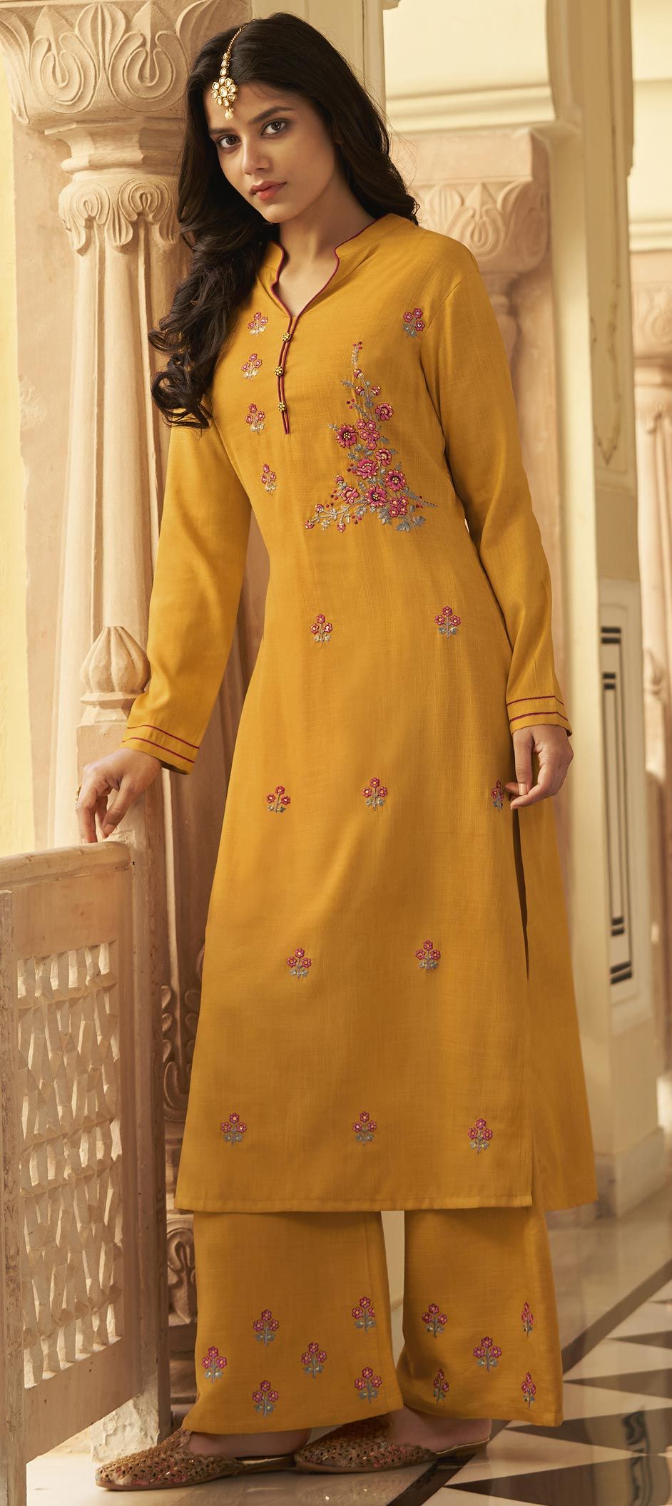 Party Wear Yellow color Two Ton Silk fabric Tunic with Bottom : 1698246