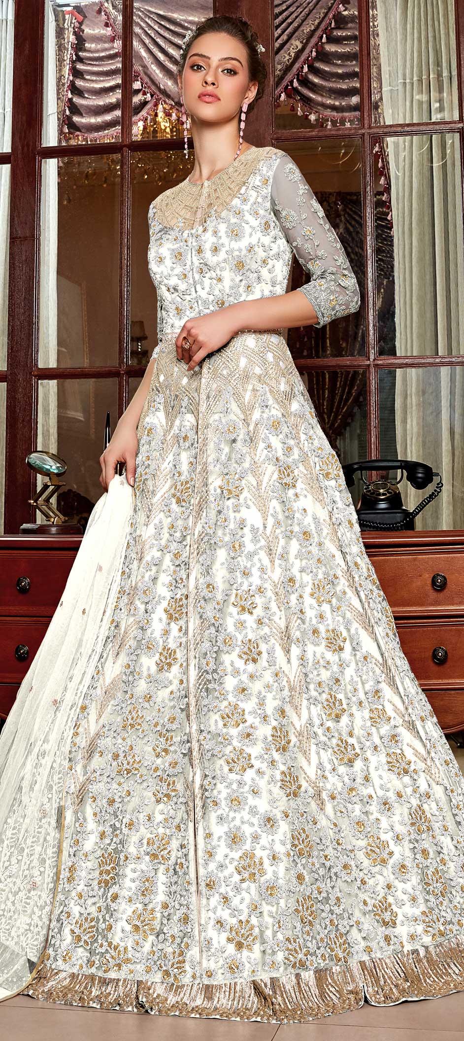 Festive, Mehendi Sangeet, Wedding White and Off White color Net fabric ...