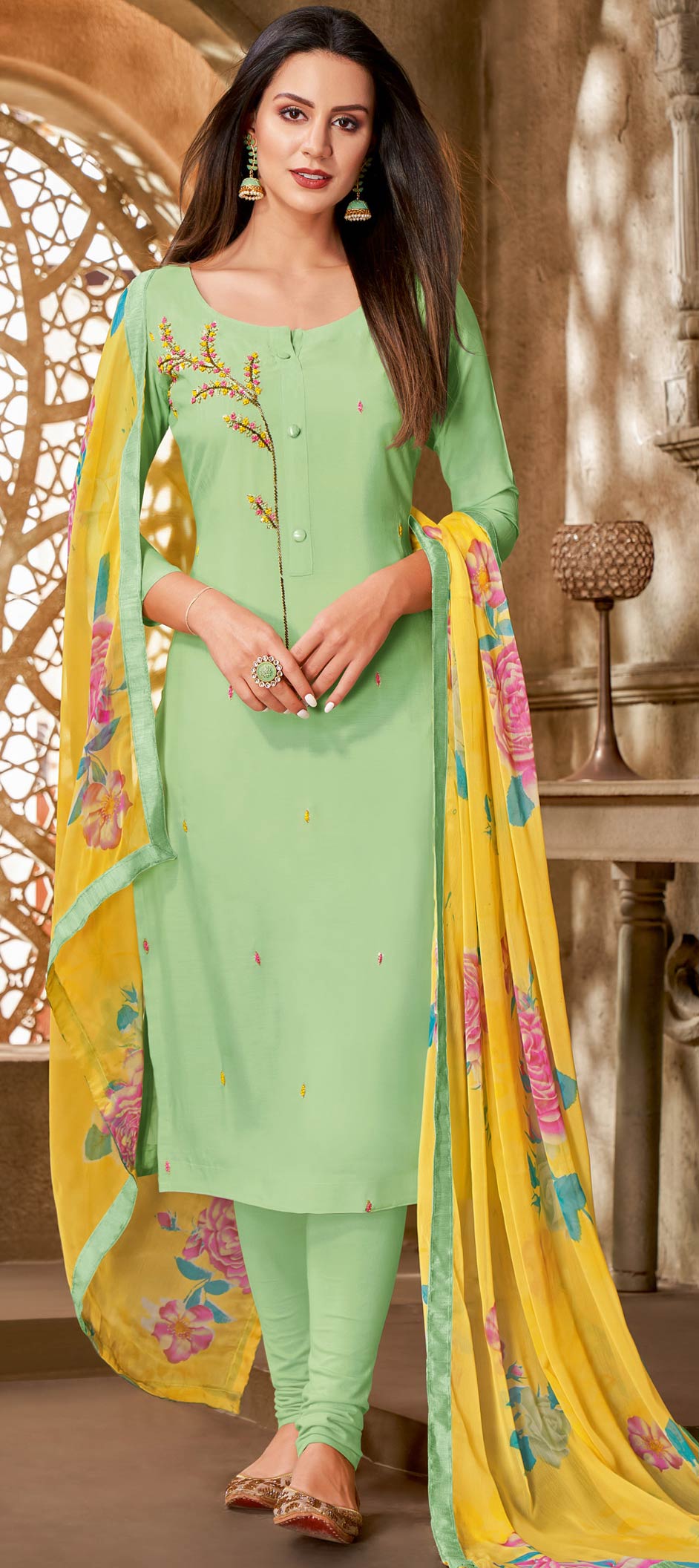 Party Wear Green color Cotton fabric Salwar Kameez : 1698704
