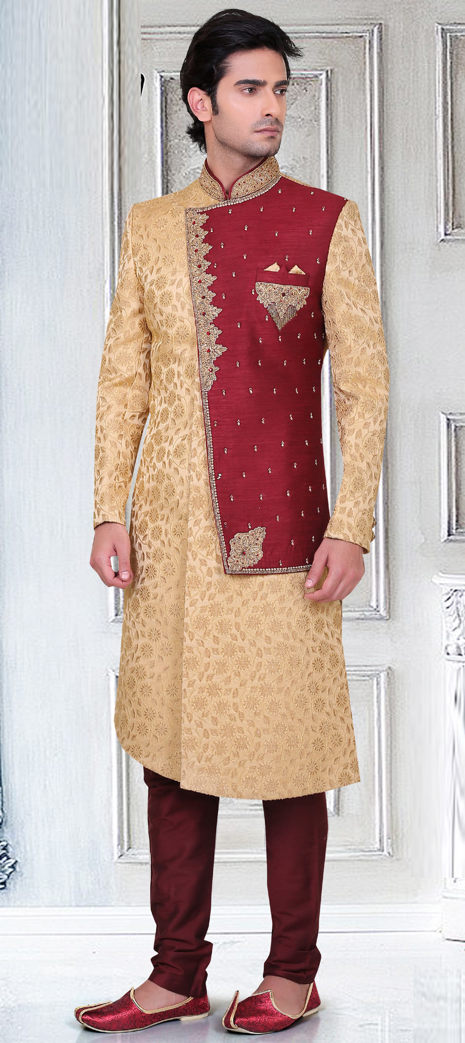 Gold color Brocade fabric Sherwani : 1702269