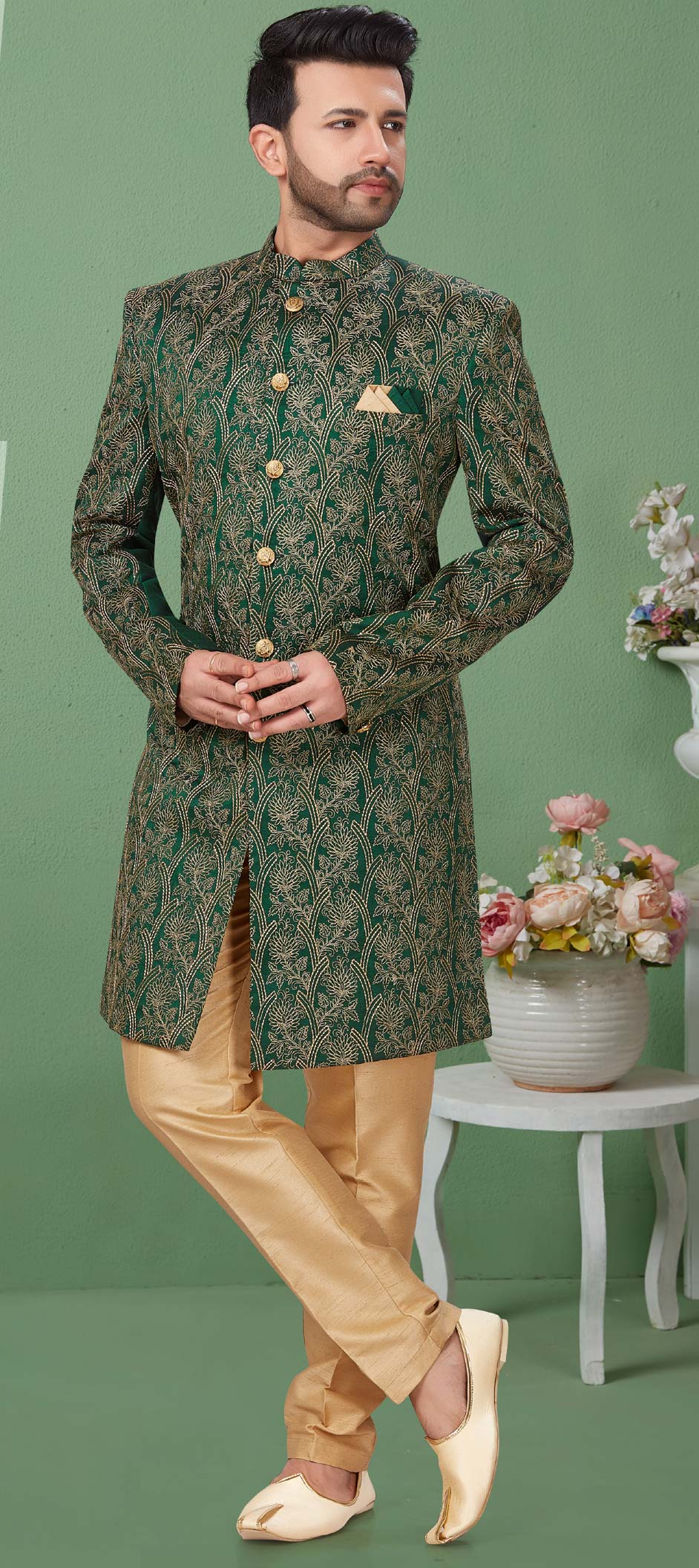 Green color Dupion Silk fabric Sherwani : 1703275