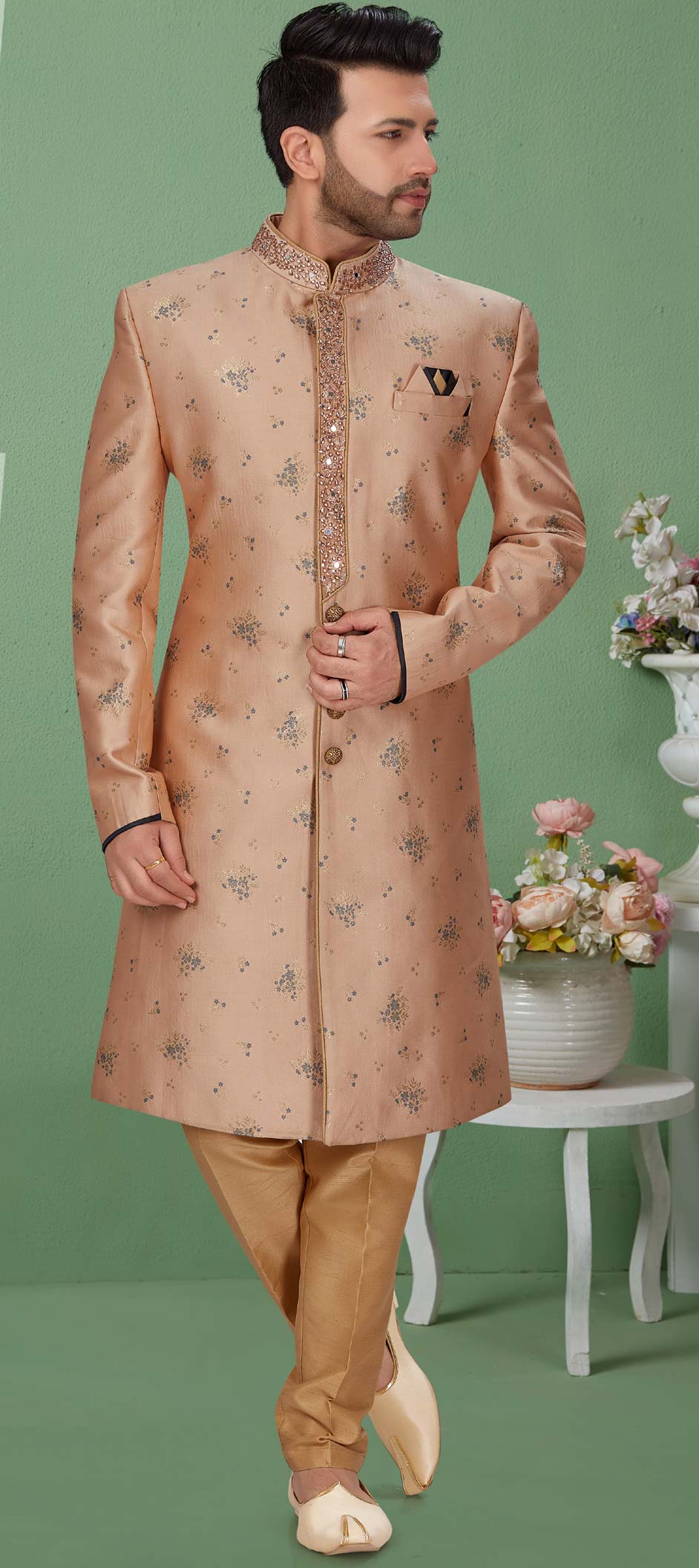 Beige and Brown color Jacquard fabric Sherwani : 1703281