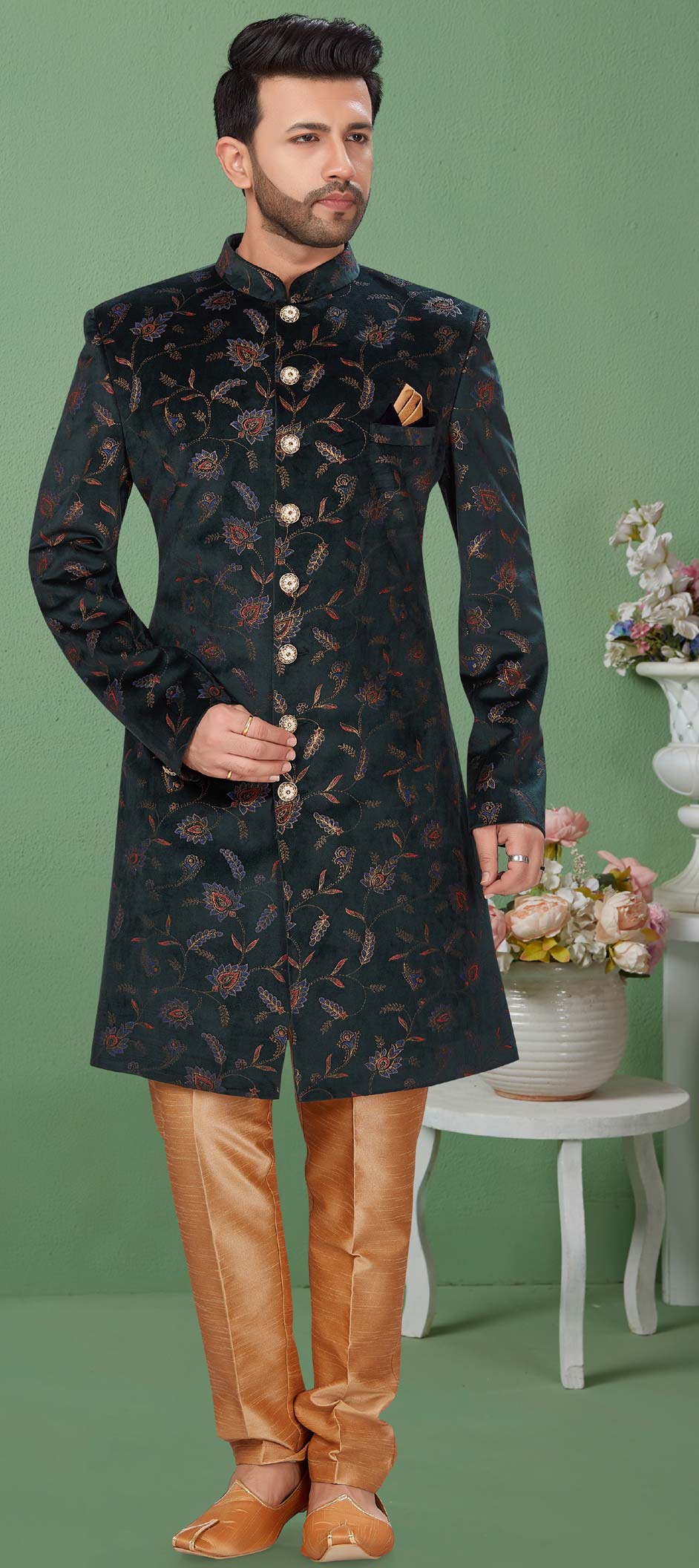 Green color Velvet fabric Sherwani : 1703298