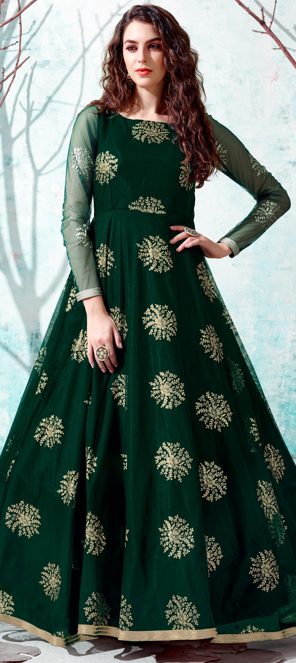Party Wear Green color Net fabric Gown : 1703885