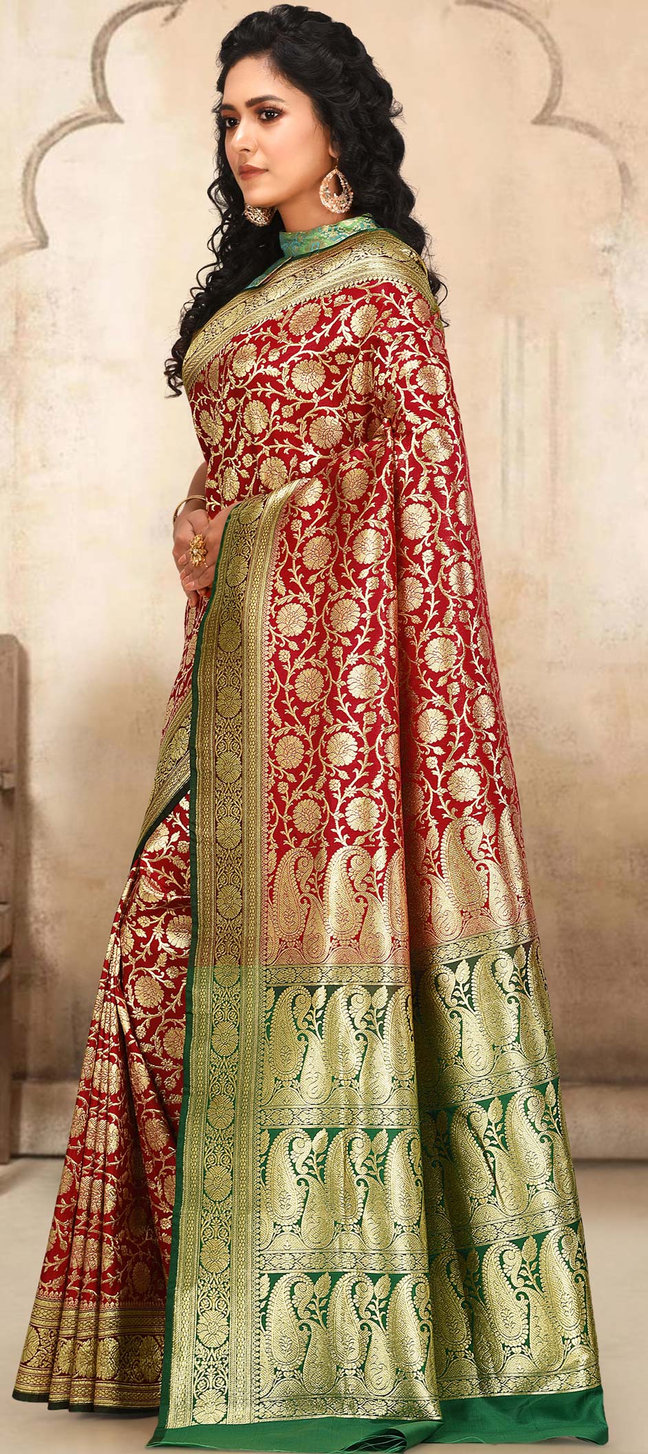 Traditional Red and Maroon color Kanjeevaram Silk, Silk fabric Saree ...