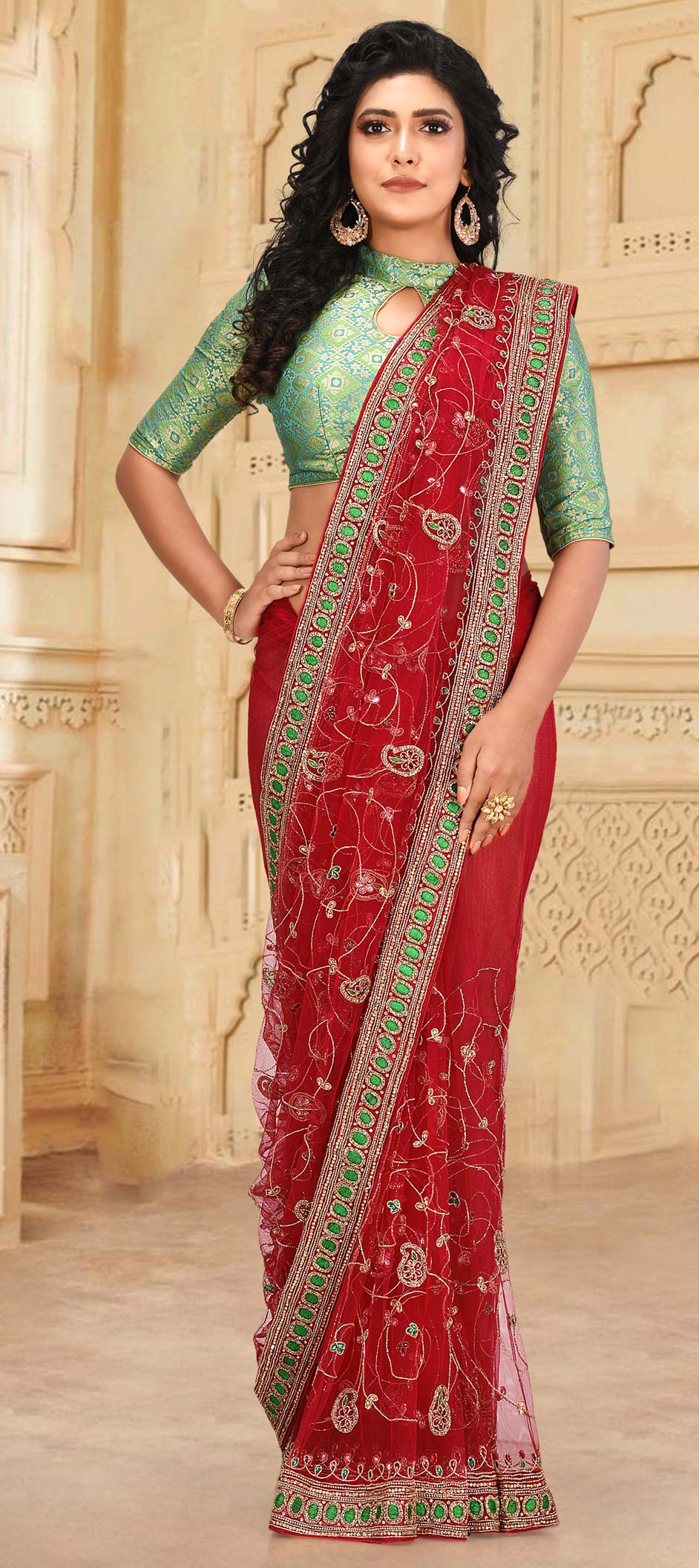 Bridal, Reception, Wedding Red and Maroon color Net fabric Saree : 1705935
