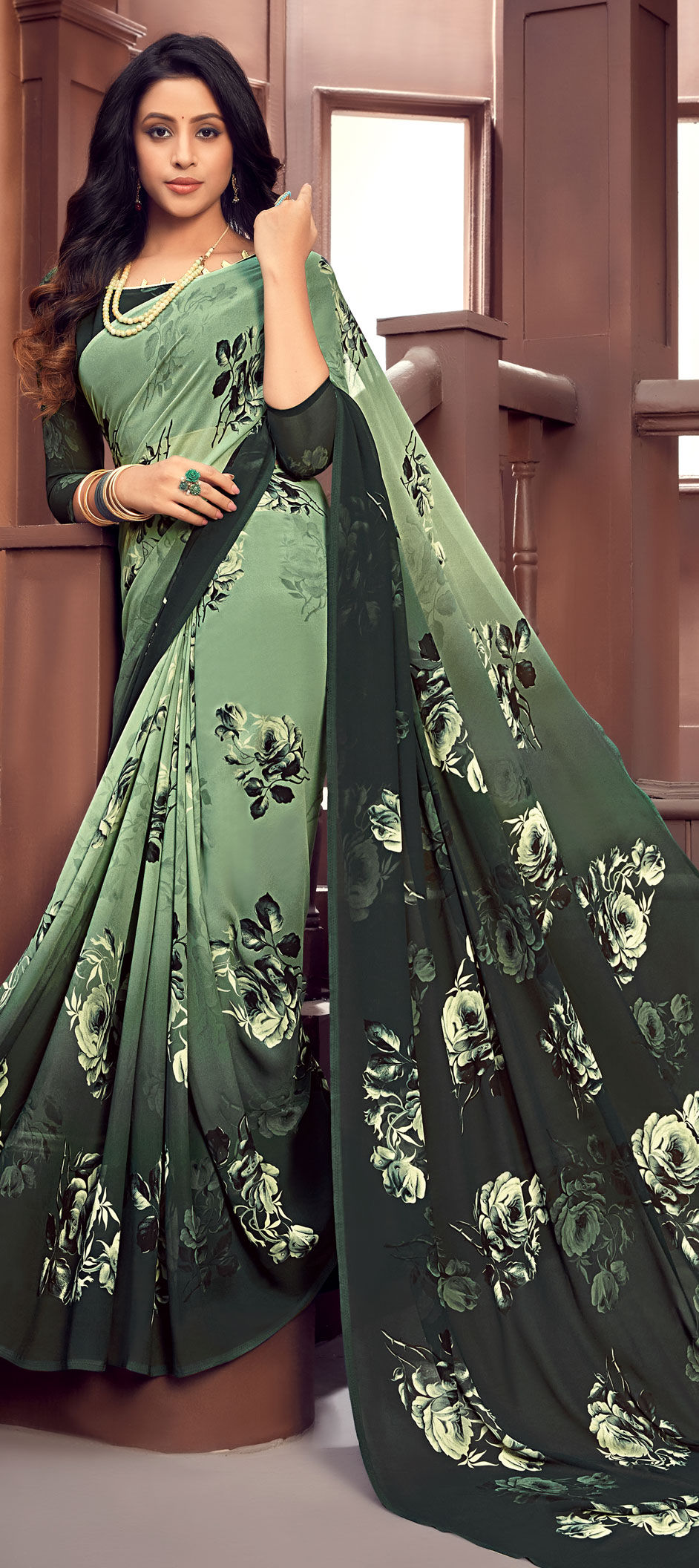 Casual, Party Wear Green color Faux Georgette fabric Saree : 1706424