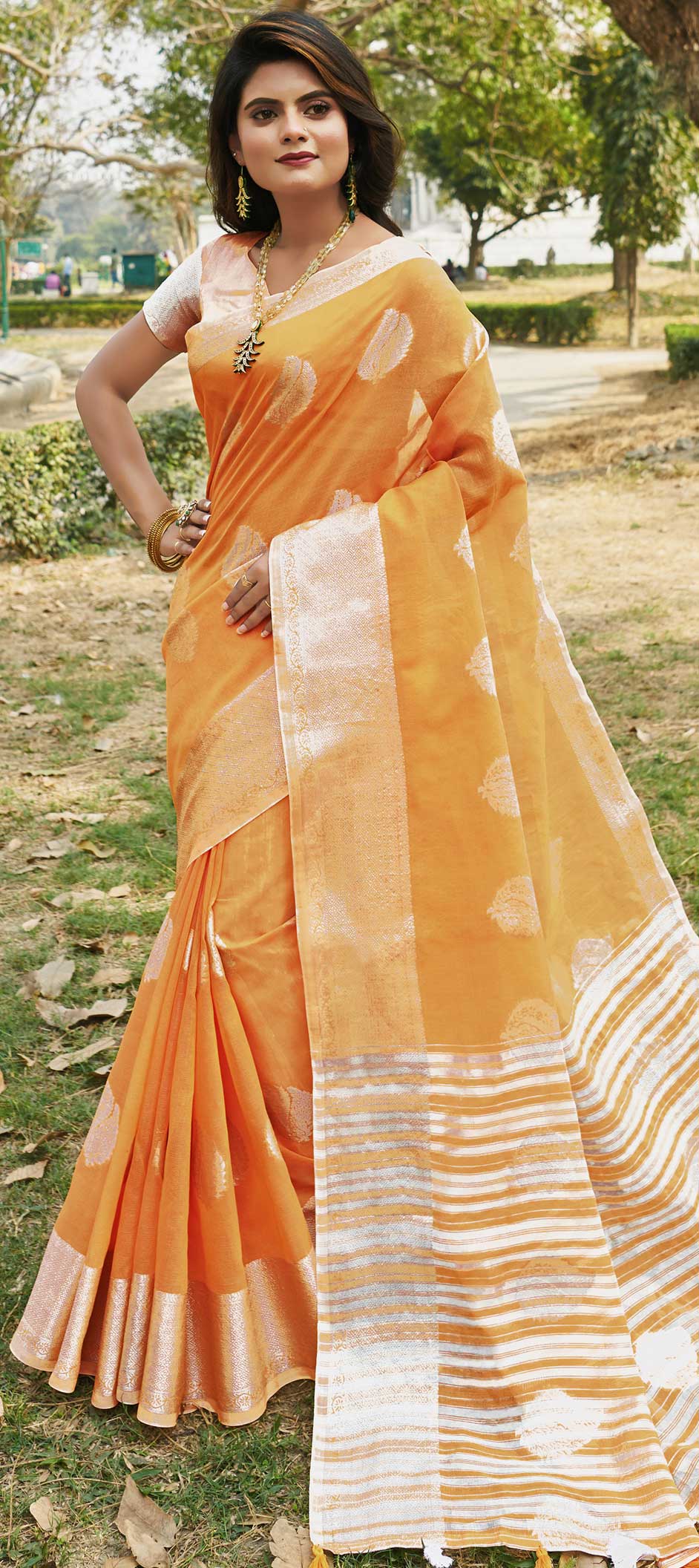 Traditional Orange color Linen fabric Saree : 1706575
