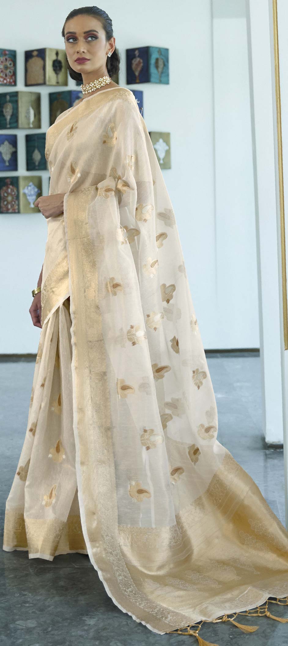 Traditional White and Off White color Organza Silk, Silk fabric Saree ...