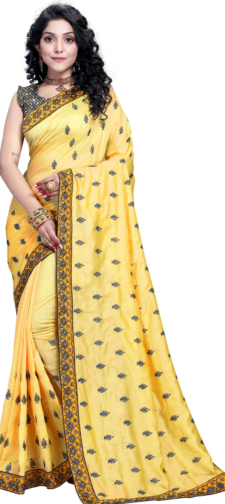 Traditional Yellow color Blended fabric Saree : 1707005