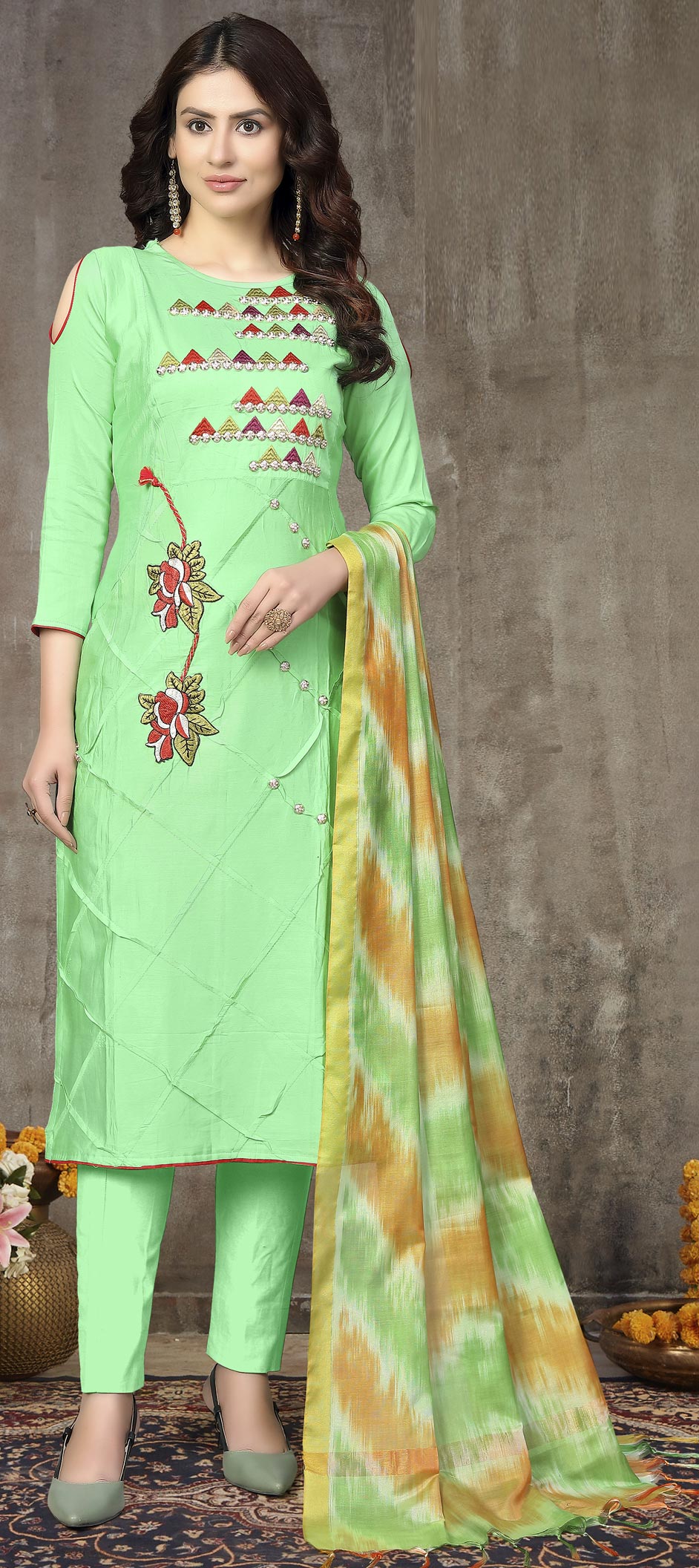 Festive, Party Wear Green color Cotton fabric Salwar Kameez : 1707660