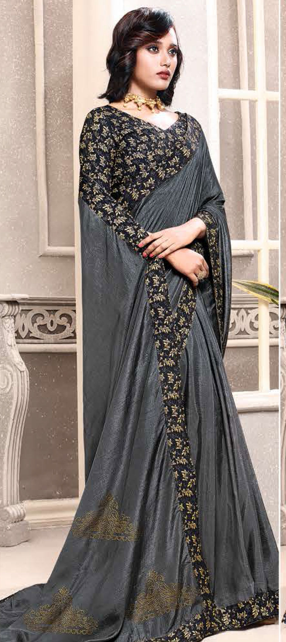 Traditional Black and Grey color Art Silk, Silk fabric Saree : 1708026