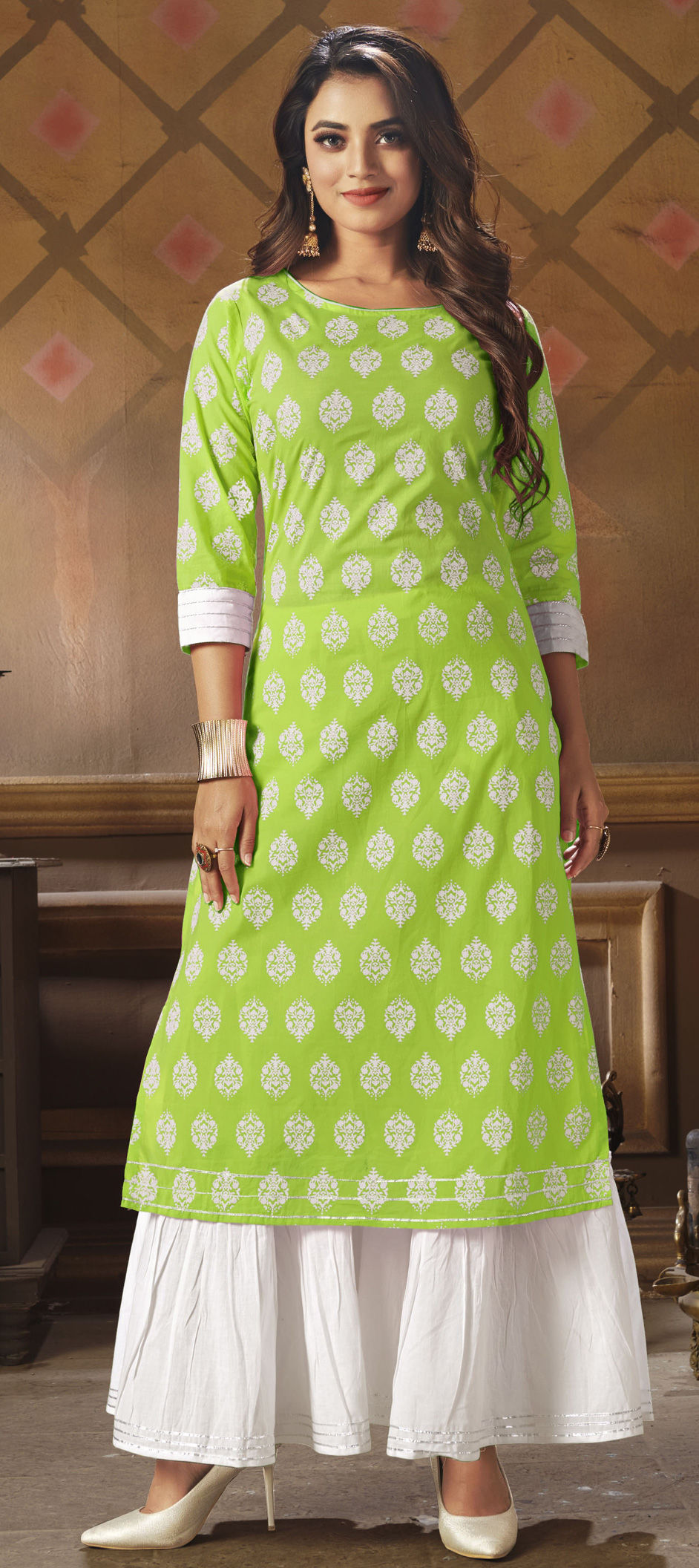 Casual Green color Cotton fabric Tunic with Bottom : 1708932