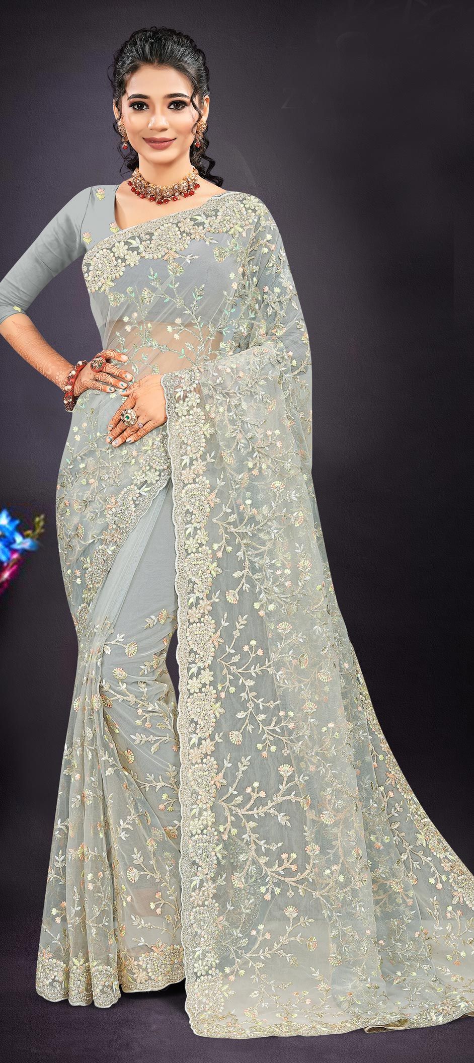 Festive, Party Wear Black and Grey color Net fabric Saree : 1710223