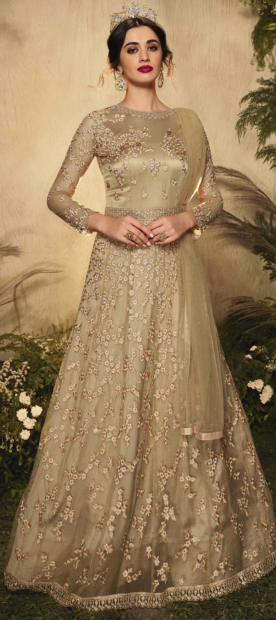 Festive, Mehendi Sangeet Beige and Brown color Net fabric Salwar Kameez ...