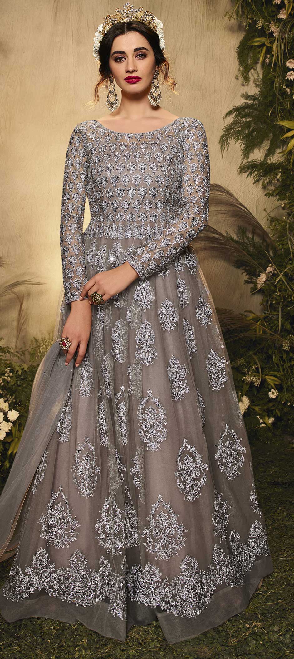 Festive, Mehendi Sangeet Beige and Brown color Net fabric Salwar Kameez ...