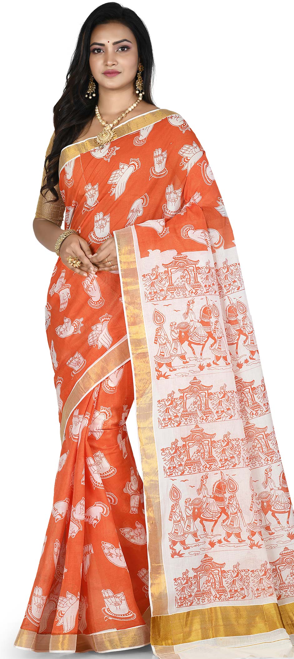 Casual, Traditional Orange color Cotton fabric Saree : 1712420