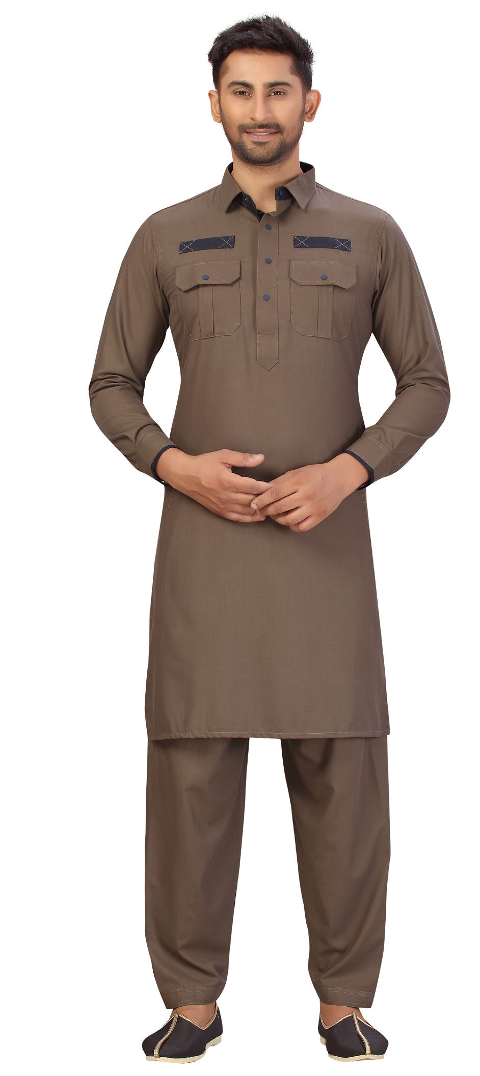 Beige and Brown color Cotton fabric Pathani Suit : 1717610