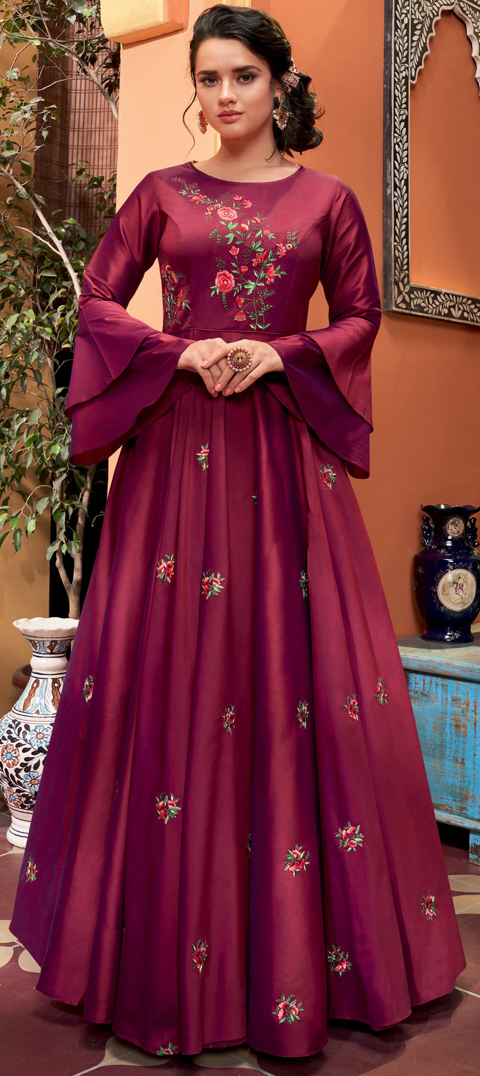 Festive, Party Wear Red and Maroon color Muslin fabric Gown : 1719185