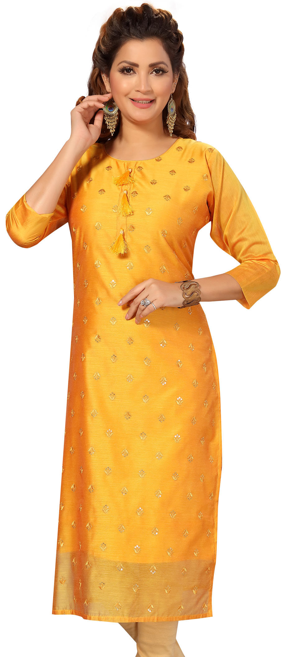 Casual Yellow color Chanderi Silk fabric Kurti : 1719740