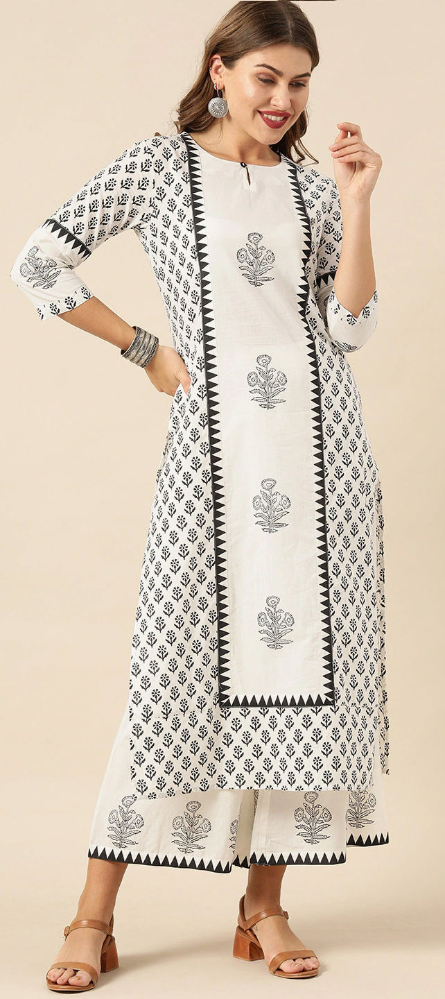 Casual White and Off White color Cotton fabric Tunic with Bottom : 1719977