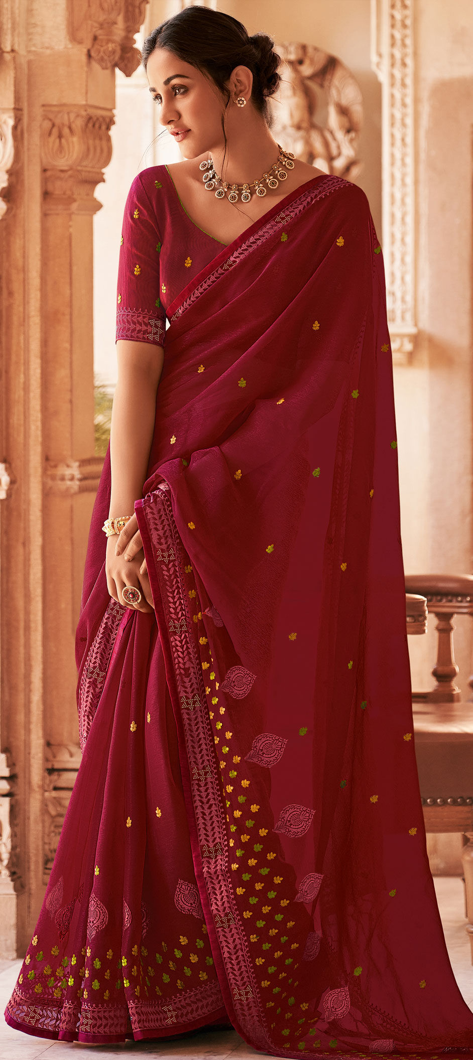 Festive, Party Wear Red and Maroon color Chiffon fabric Saree : 1720524