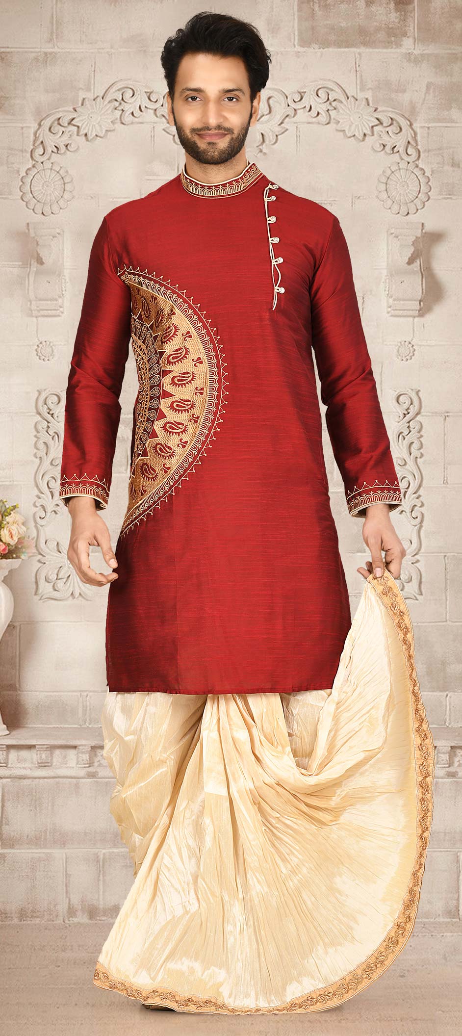 Red and Maroon color Silk cotton fabric Dhoti Kurta : 1722725