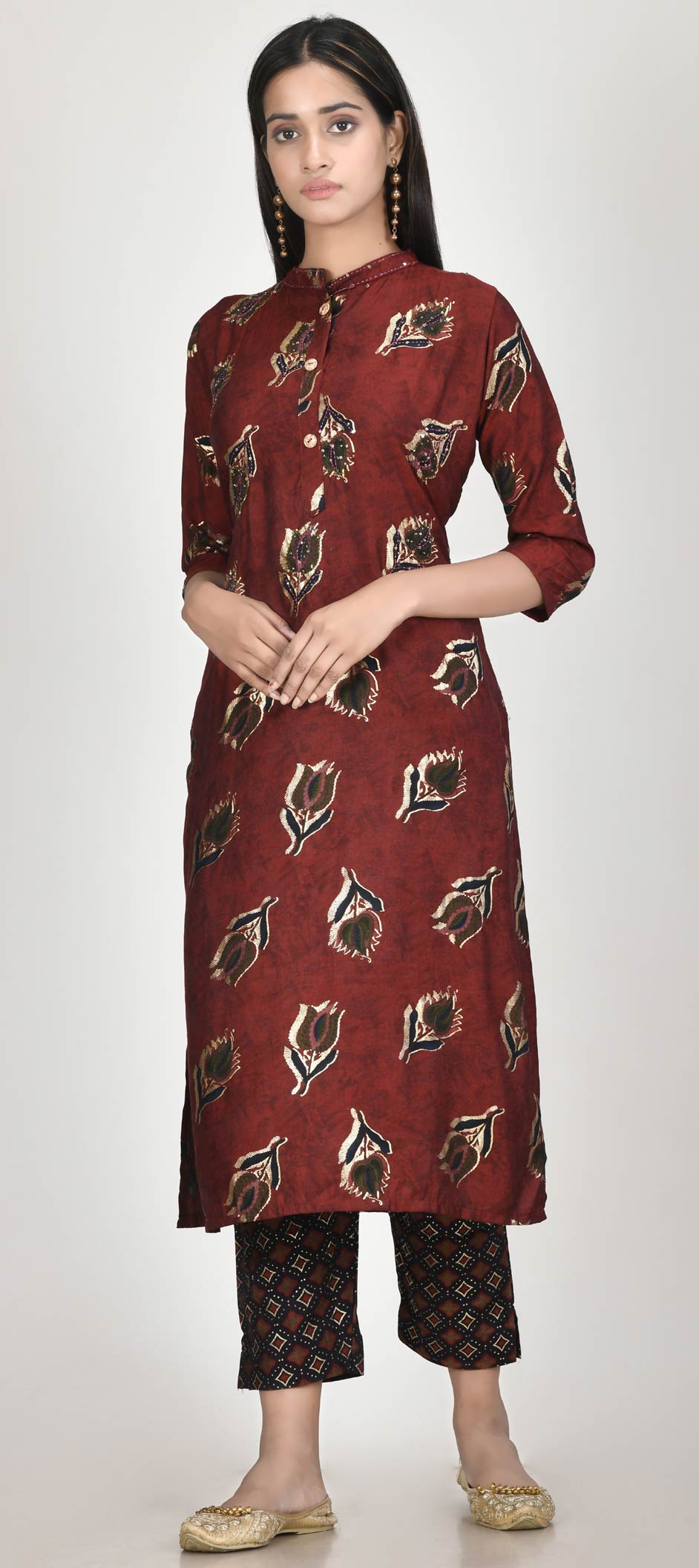 Casual Red and Maroon color Muslin fabric Tunic with Bottom : 1726726