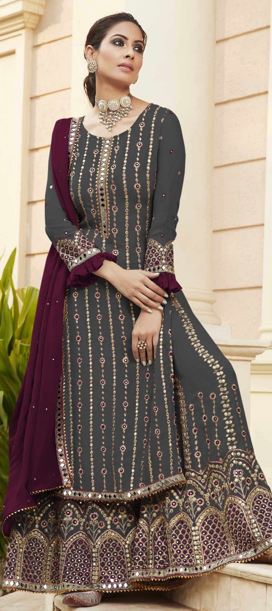 Engagement, Party Wear Black and Grey color Georgette fabric Salwar ...