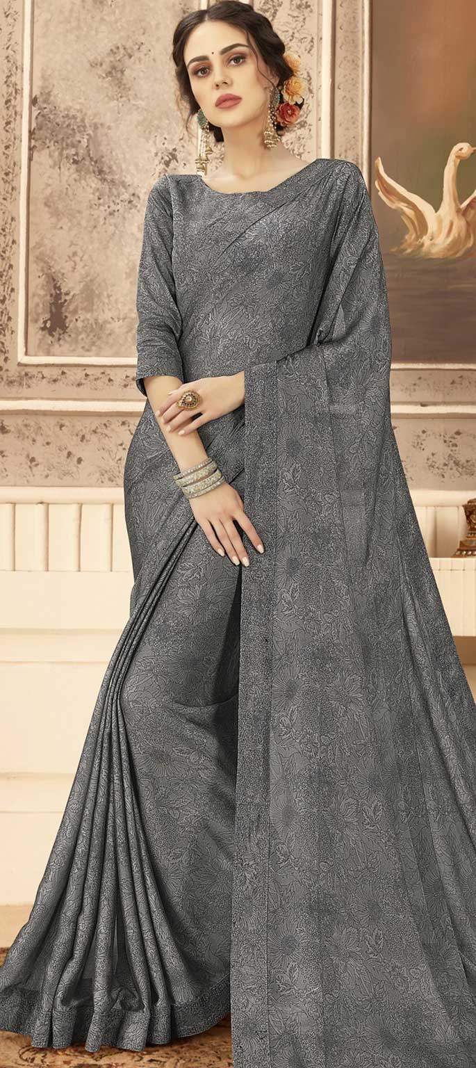 Casual, Party Wear Black and Grey color Georgette fabric Saree : 1731130