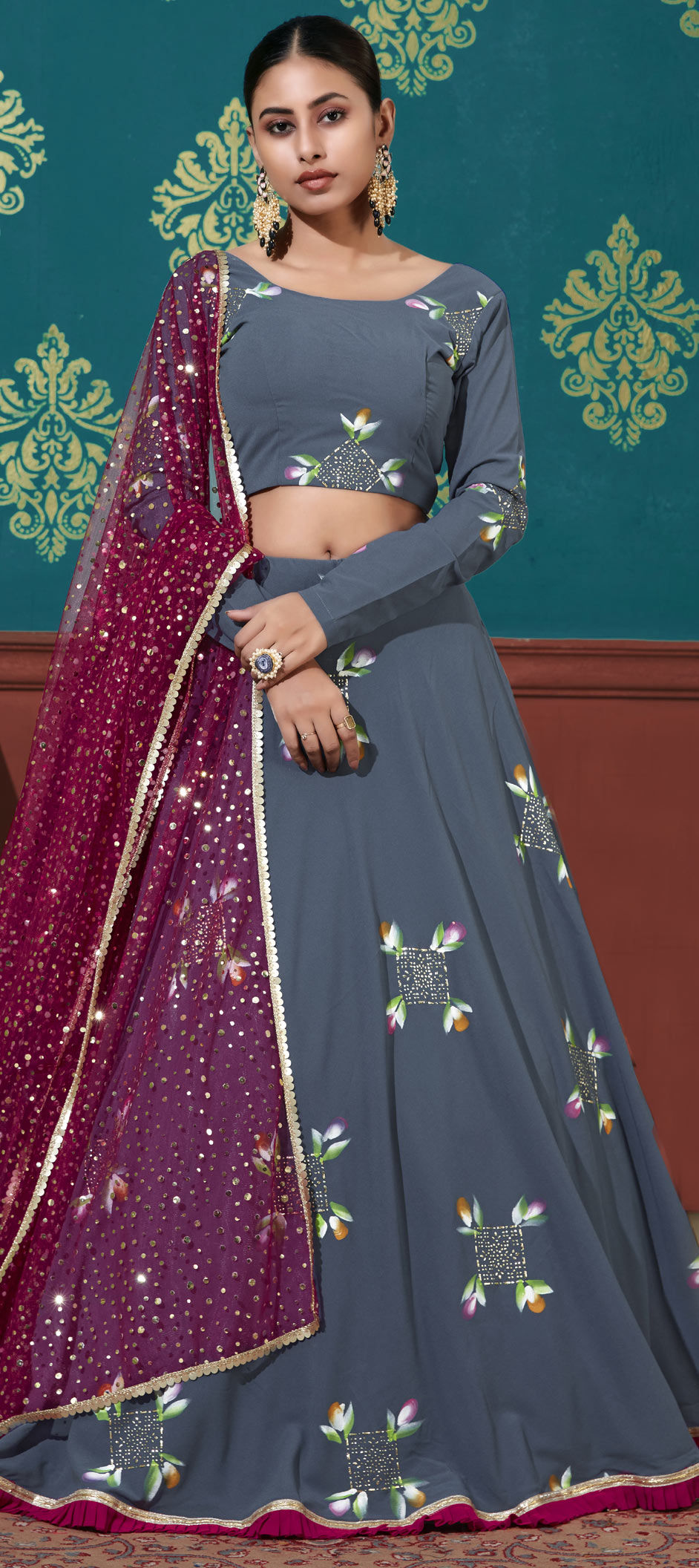 Festive, Wedding Black and Grey color Georgette fabric Lehenga : 1735625