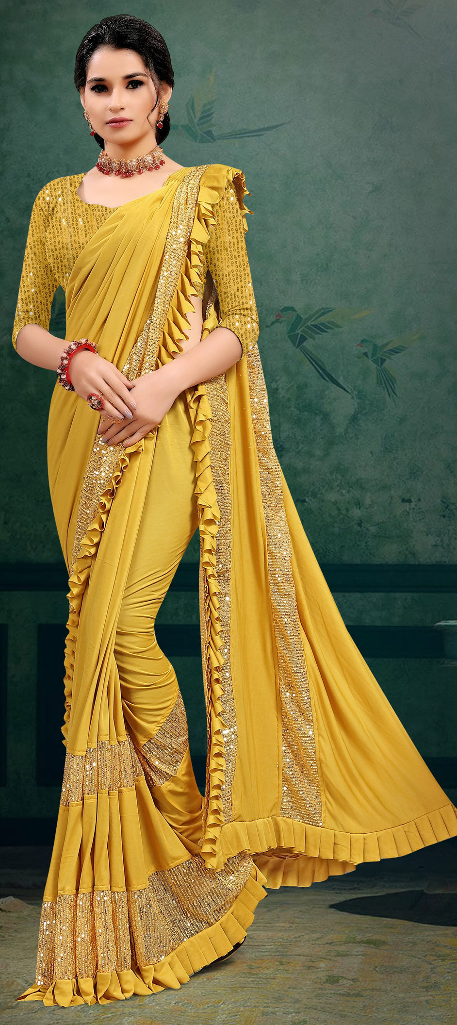 Festive, Party Wear Yellow color Lycra fabric Saree : 1736180