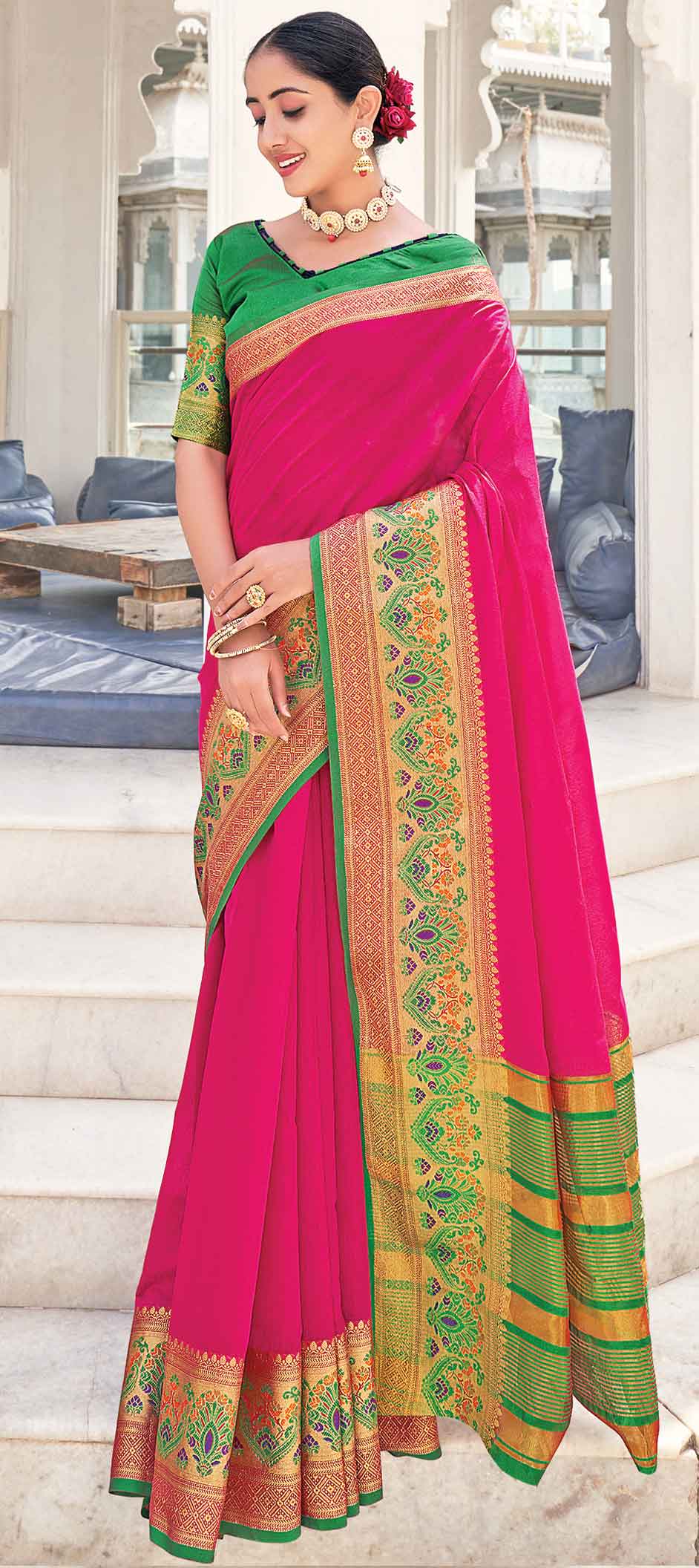 Traditional Pink and Majenta color cotton fabric Saree : 1741487