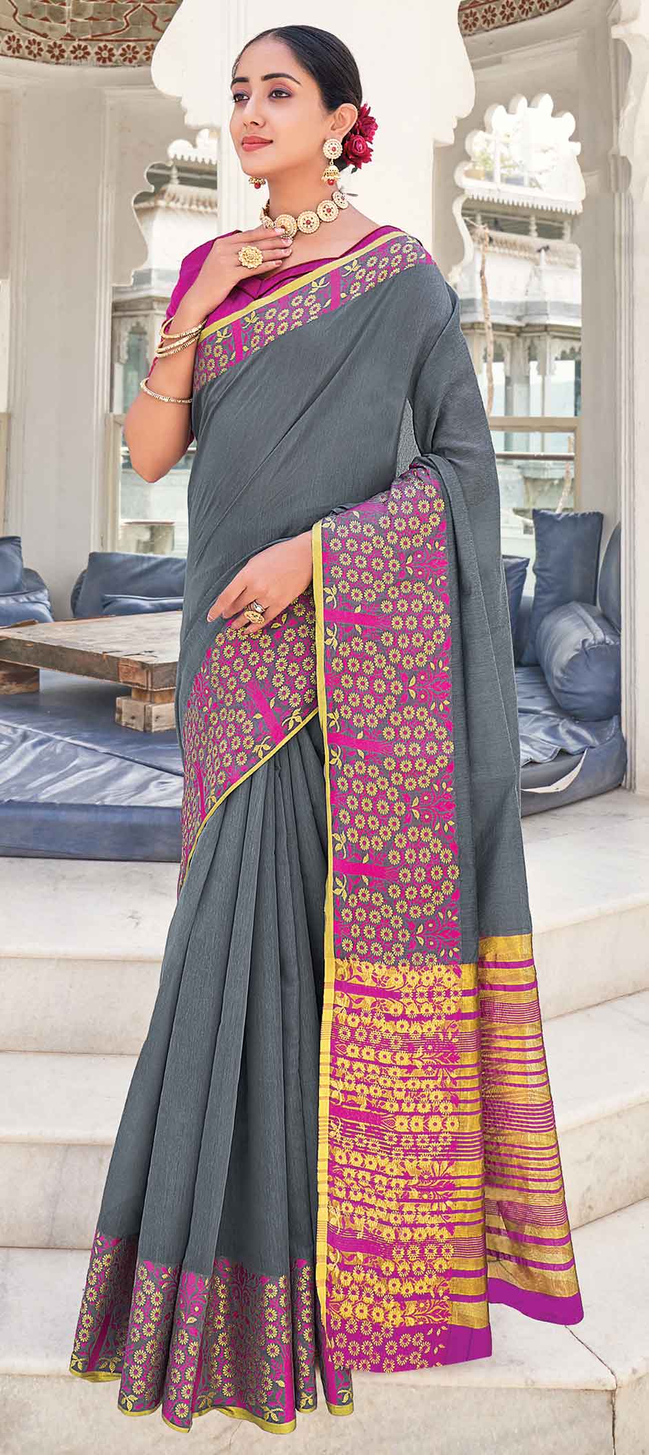 Traditional Black and Grey color Khadi fabric Saree : 1741489