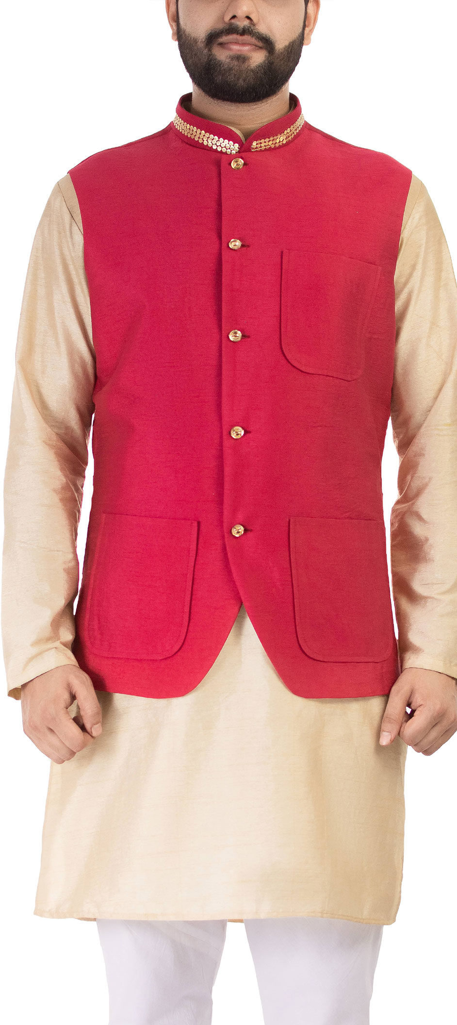 Red and Maroon color Raw Silk fabric Nehru Jacket : 1744559