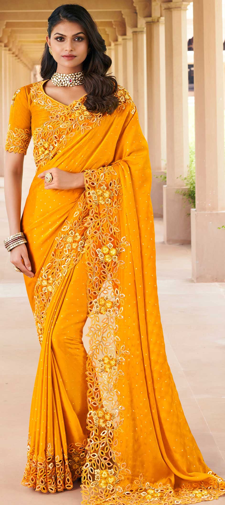Party Wear, Wedding Yellow color Georgette fabric Saree : 1745596