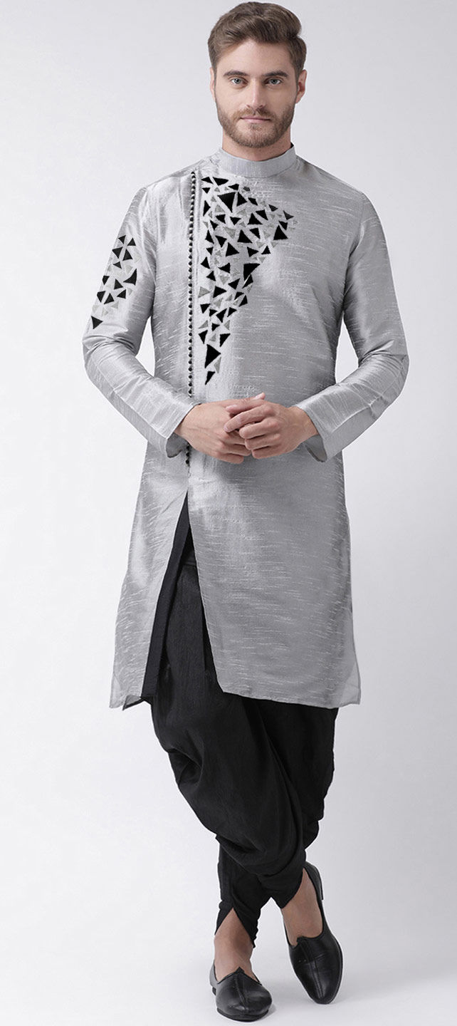 Black and Grey color Dupion Silk fabric Dhoti Kurta : 1746610