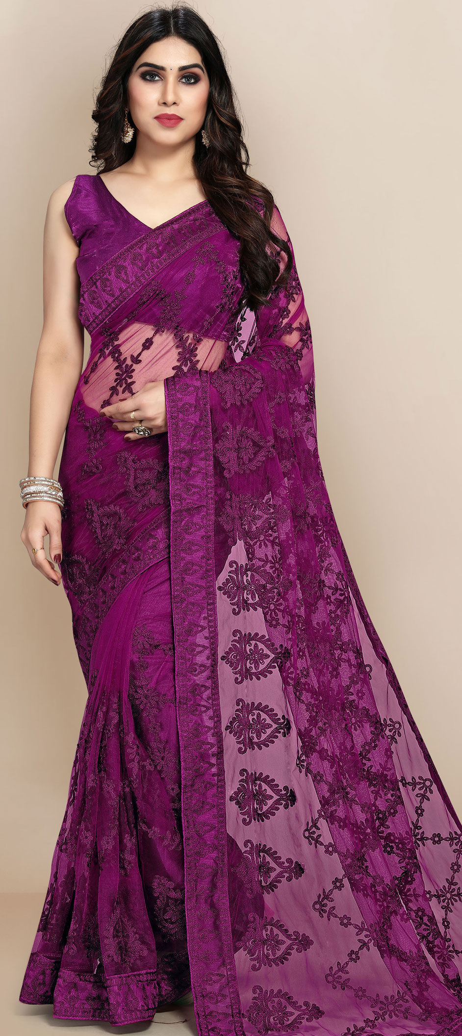 Festive, Party Wear Purple and Violet color Net fabric Saree : 1746704