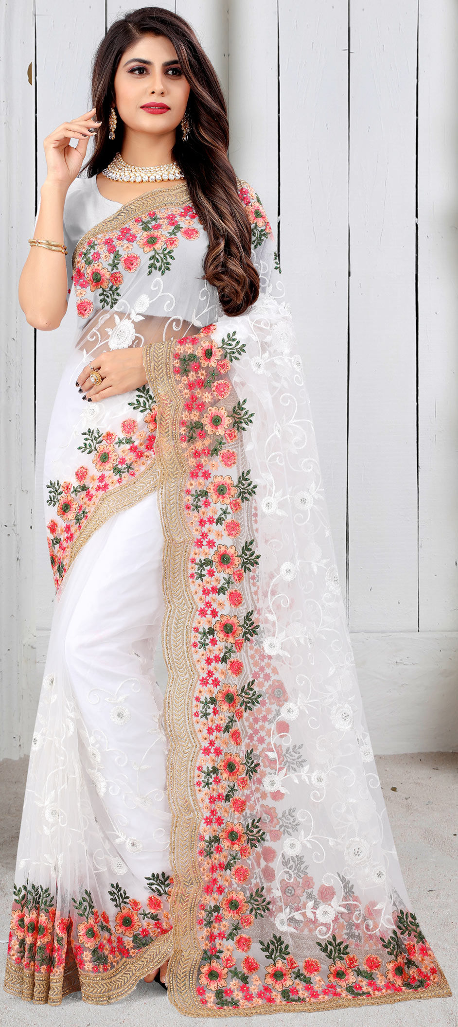Designer, Party Wear White and Off White color Net fabric Saree : 1749723