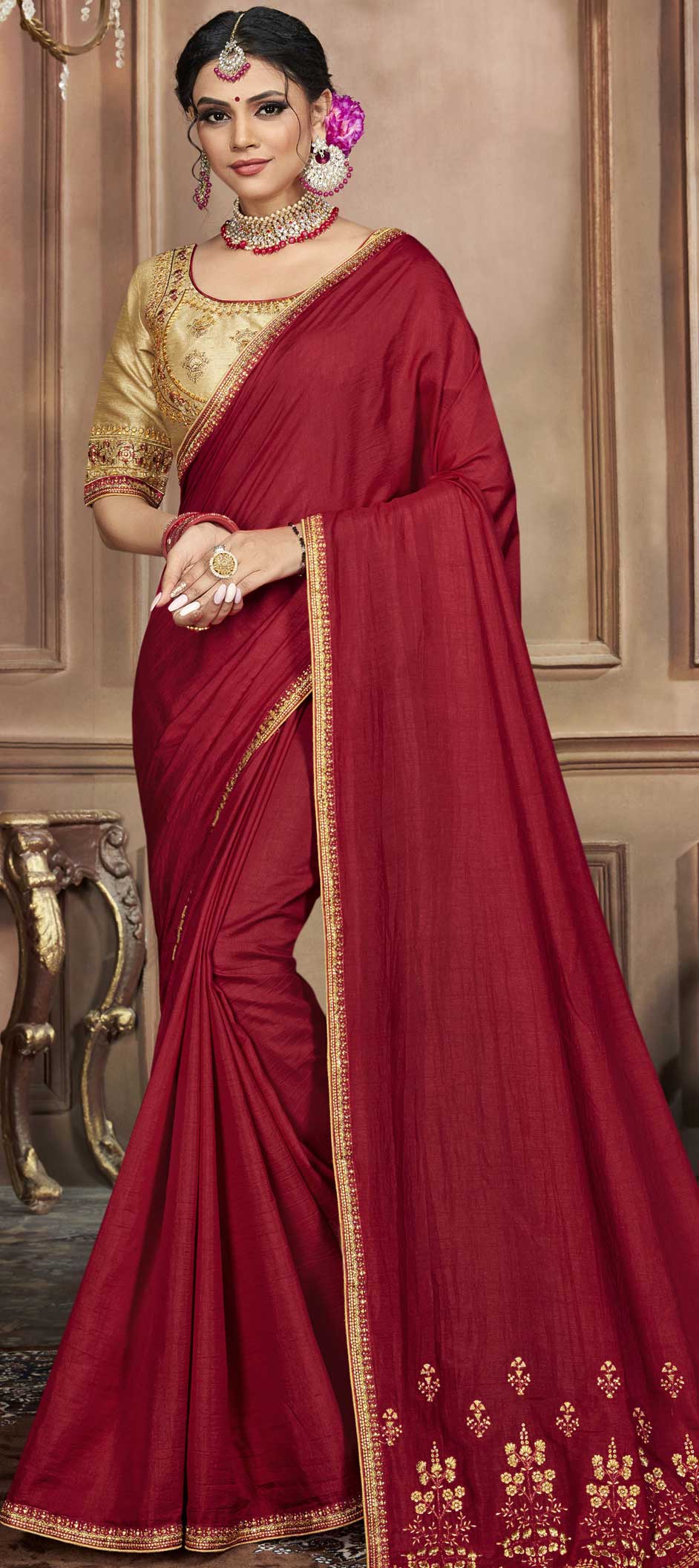 Traditional Red and Maroon color Art Silk, Silk fabric Saree : 1750784