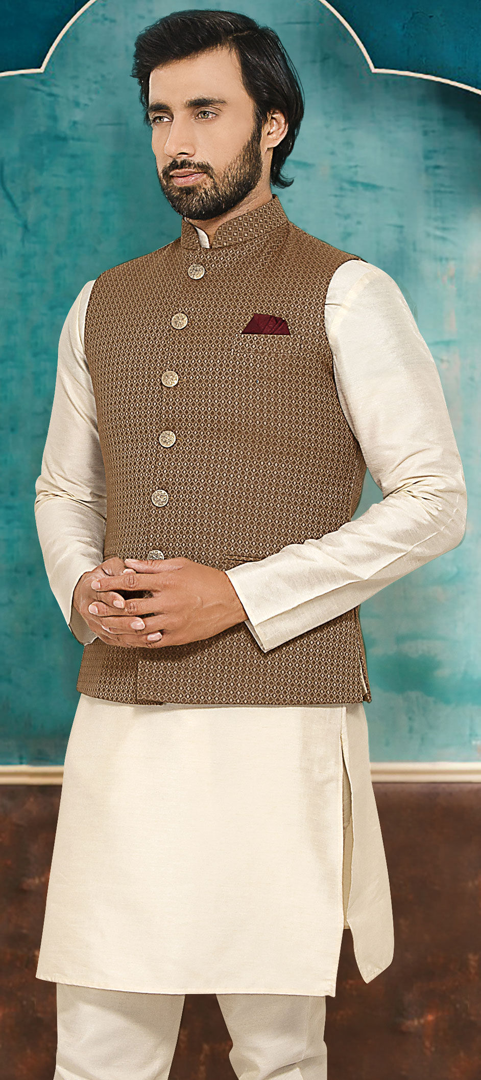 Beige and Brown color Jacquard fabric Nehru Jacket : 1751167