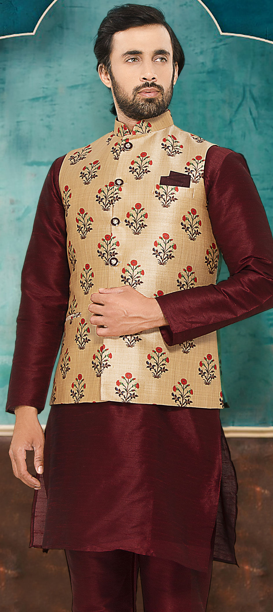 Beige and Brown color Silk fabric Nehru Jacket : 1751173