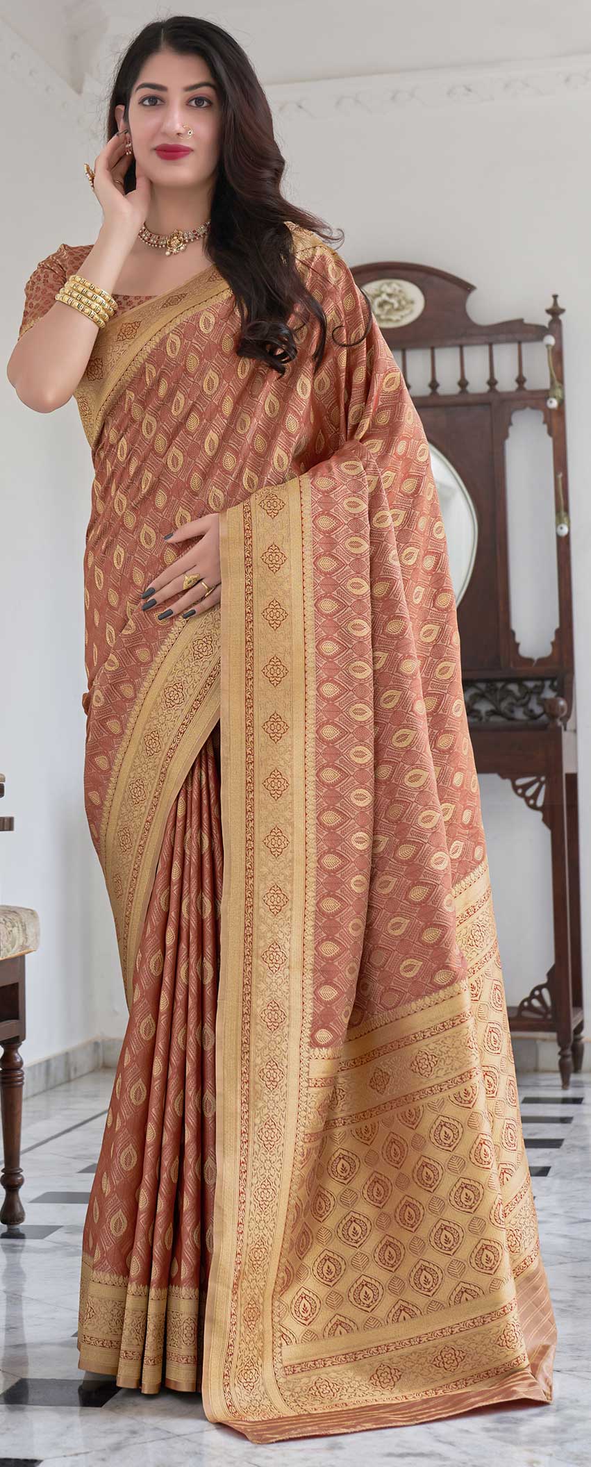 Traditional Beige and Brown color Banarasi Silk, Silk fabric Saree ...